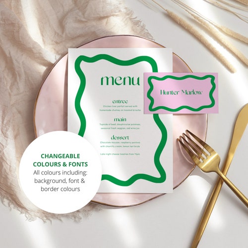 Green & Pink Menu and Place Card Template Set Hand Drawn - Etsy