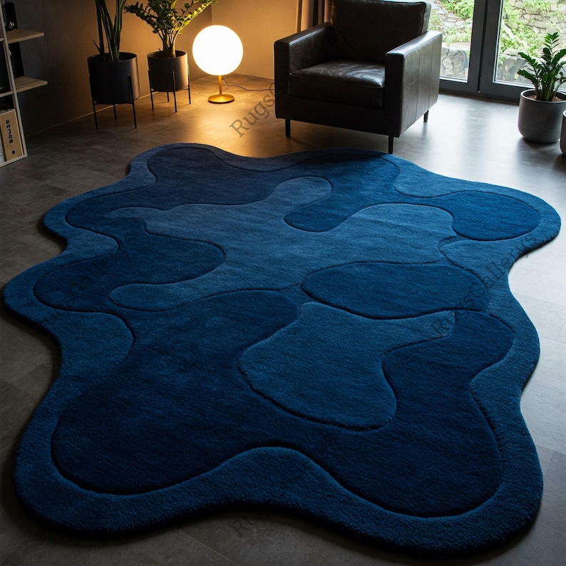Deep Blue Modern Irregular Amoeba Shape Hand Tufted 6x9 Kids Room Rugs ...