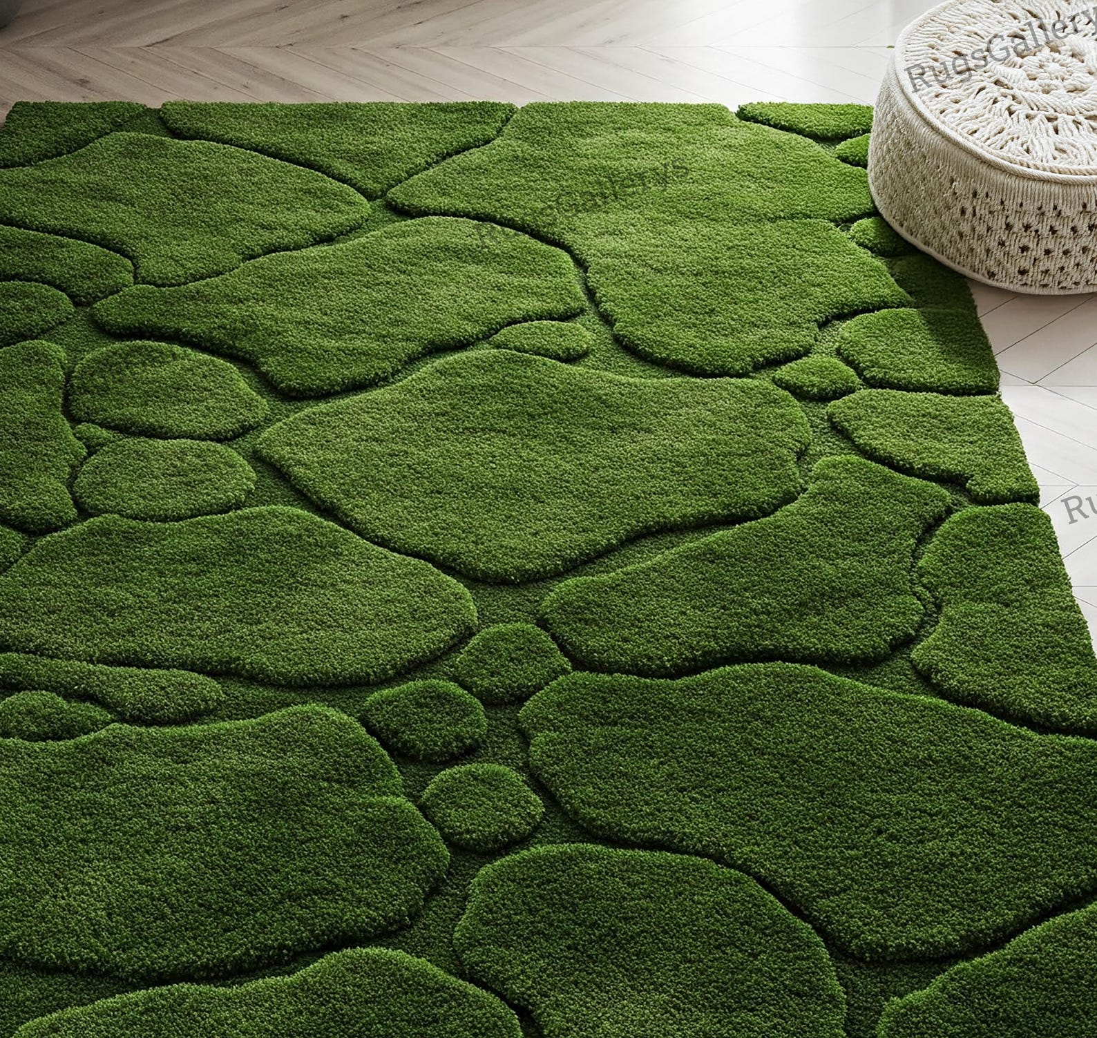 Deep Green Moss Modern Stones Design Hand Tufted Forest Custom Wool ...