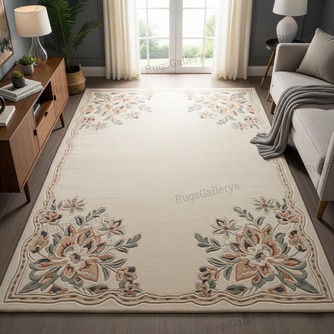 Cream Hand Tufted Sage Green Light Blue Peach Floral Border Bedroom ...