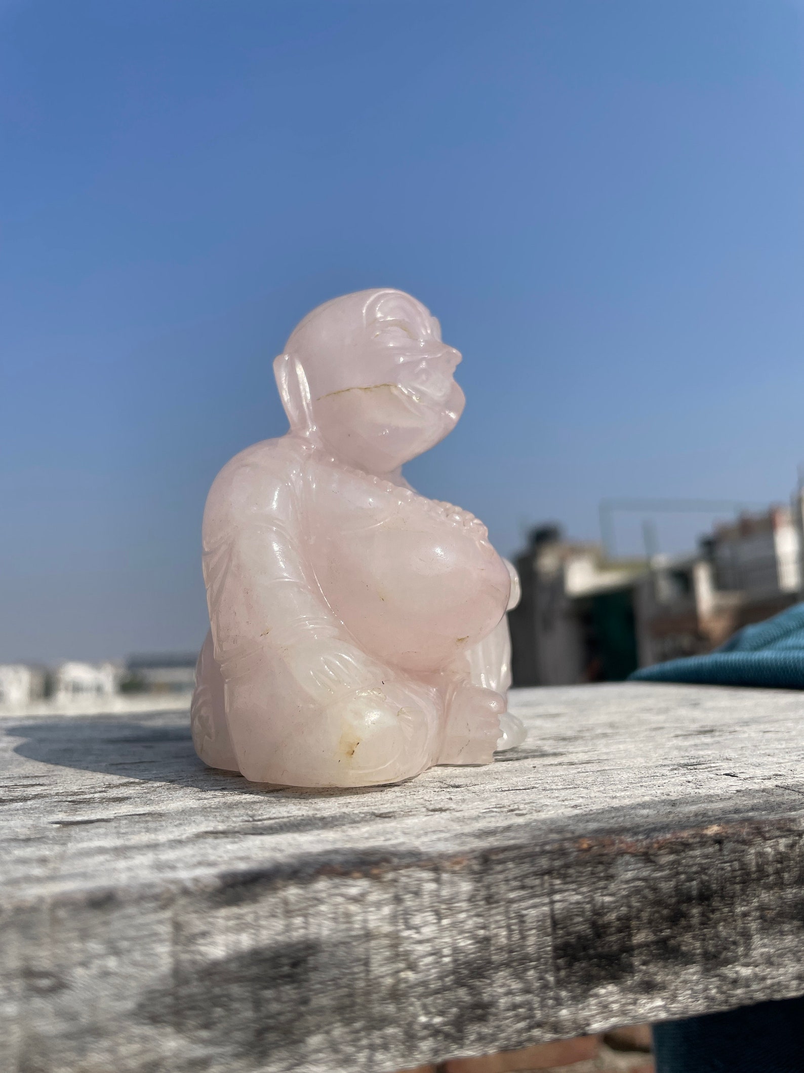 Hand Carved Rose Quartz Laughing Buddha Statue: Rare Quartz Carved ...