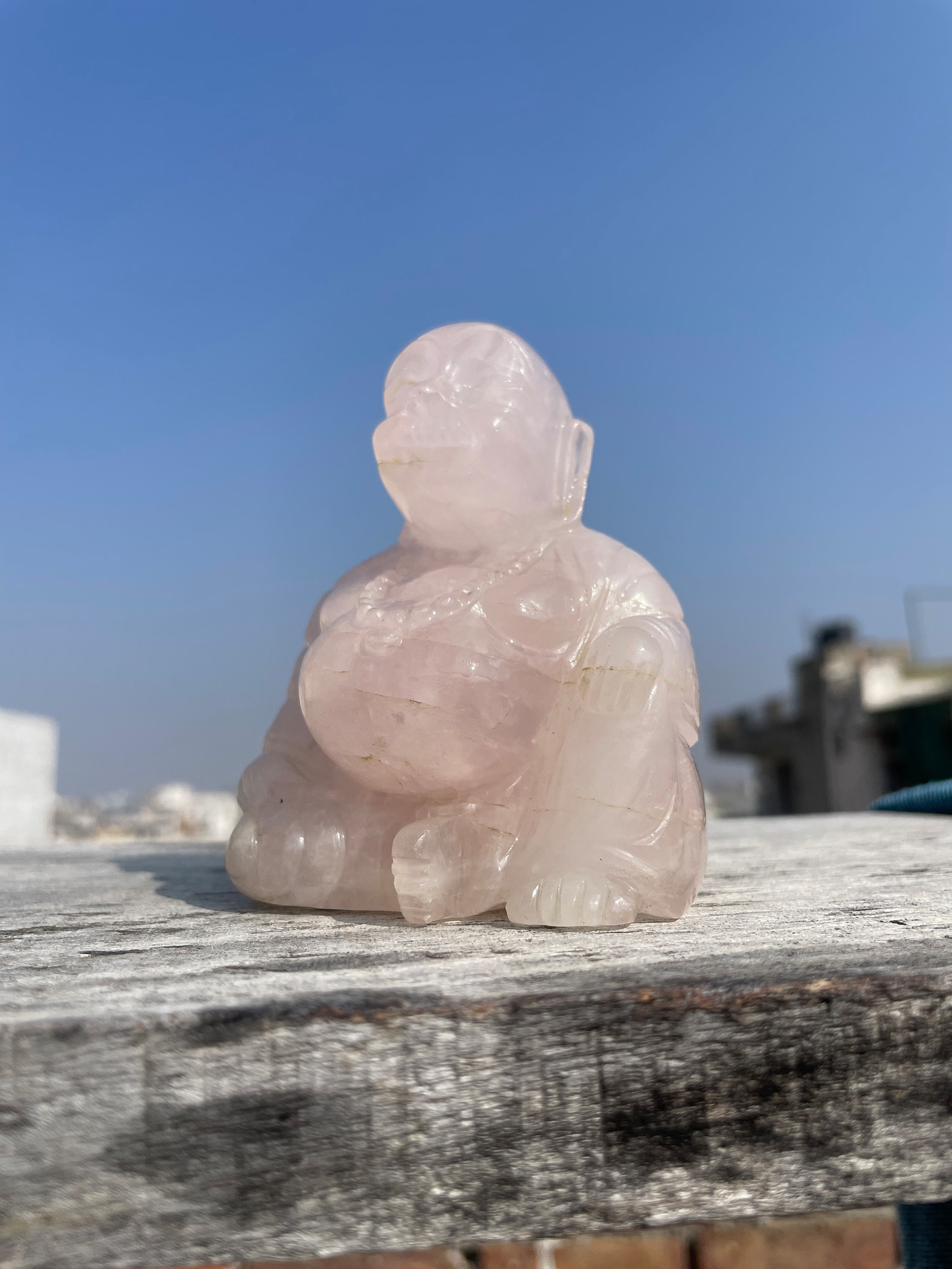 Hand Carved Rose Quartz Laughing Buddha Statue: Rare Quartz Carved ...