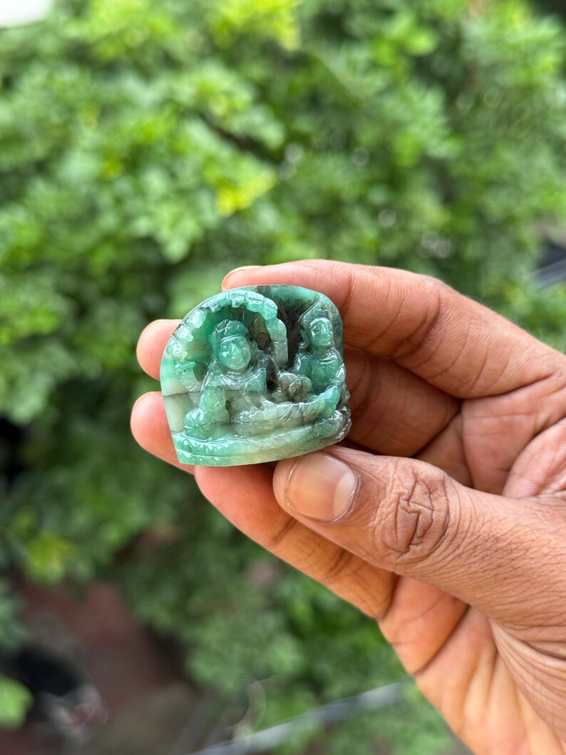 Hand-carved Emerald Vishnu Lakshmi Pendant: 188ct Gemstone Idol, Small ...