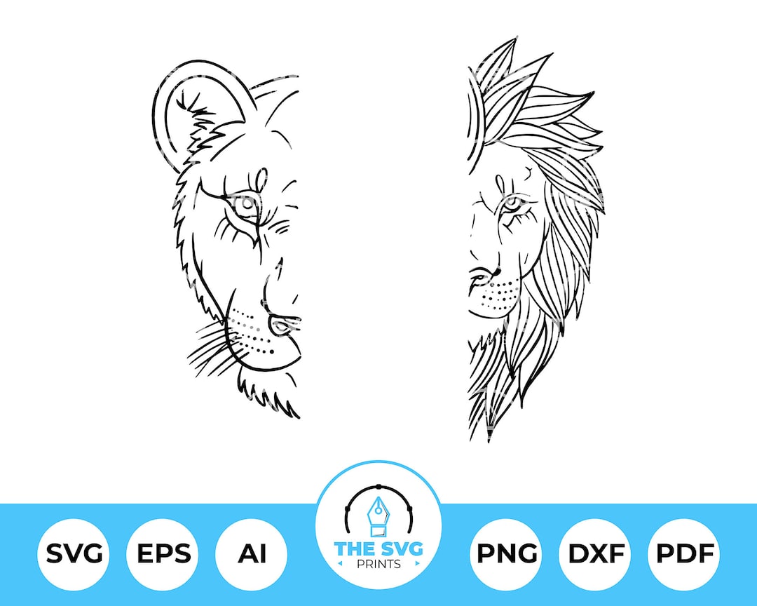 Half Lion Face SVG, Lion Head Svg, Animal SVG, Couple Gift SVG ...