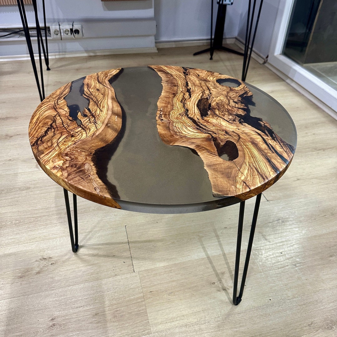 Olive Wood Coffee Table With Black Clear Epoxy River Encasement, Home ...