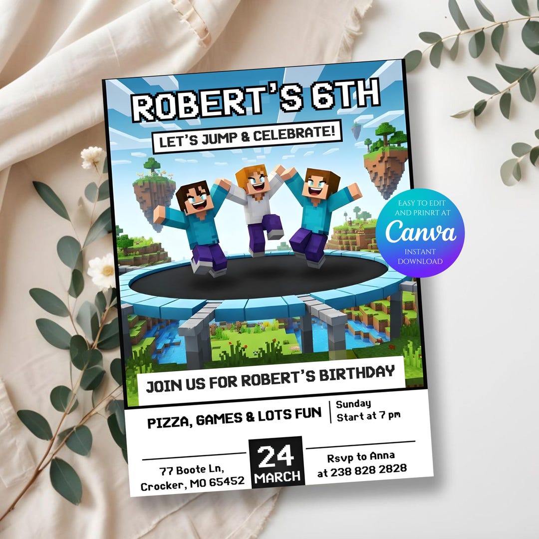 Trampoline Birthday Invitation, Sky Zone Party, Editable Canva Template ...