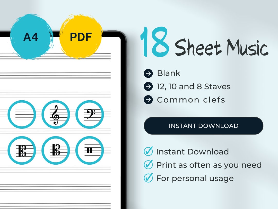 Printable Sheet Music A4 PDF. Printable Staff Paper. 8, 10 & 12 Staves. No Clef, Treble Clef ...