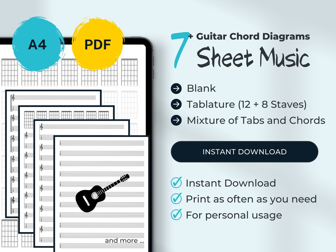 Printable Sheet Music A4 PDF for Guitar. Printable Staff Paper. With ...