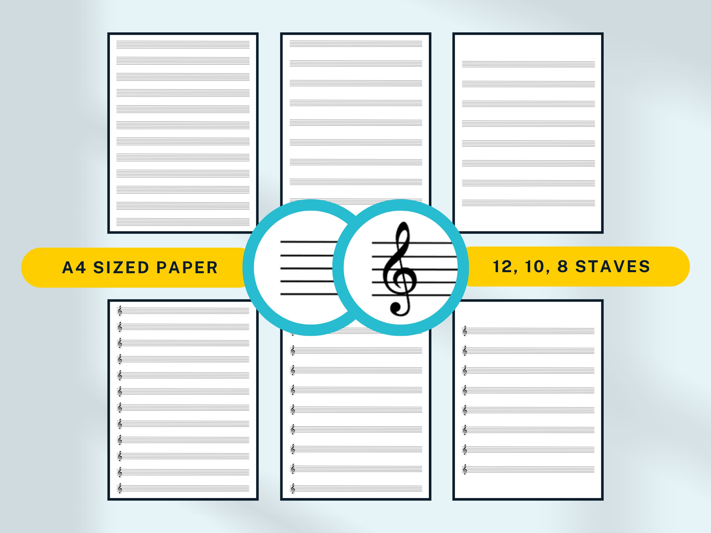 Printable Sheet Music A4 PDF. Printable Staff Paper. 8, 10 & 12 Staves ...