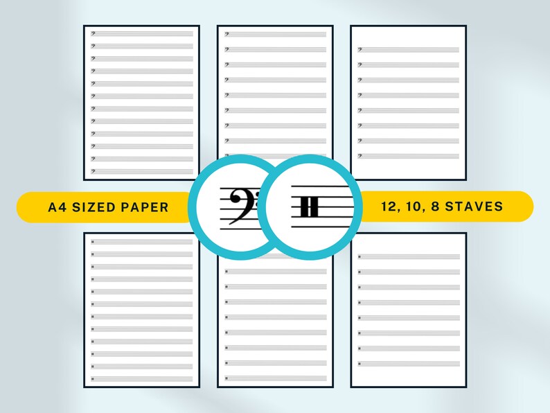 Printable Sheet Music A4 PDF. Printable Staff Paper. 8, 10 & 12 Staves ...