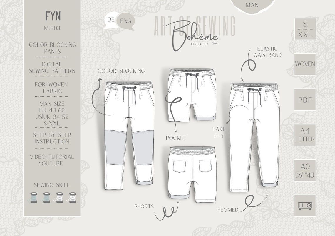 Pants | Fyn | Man S - XXL | Digital Sewing Pattern | PDF | A4 + A4 ...