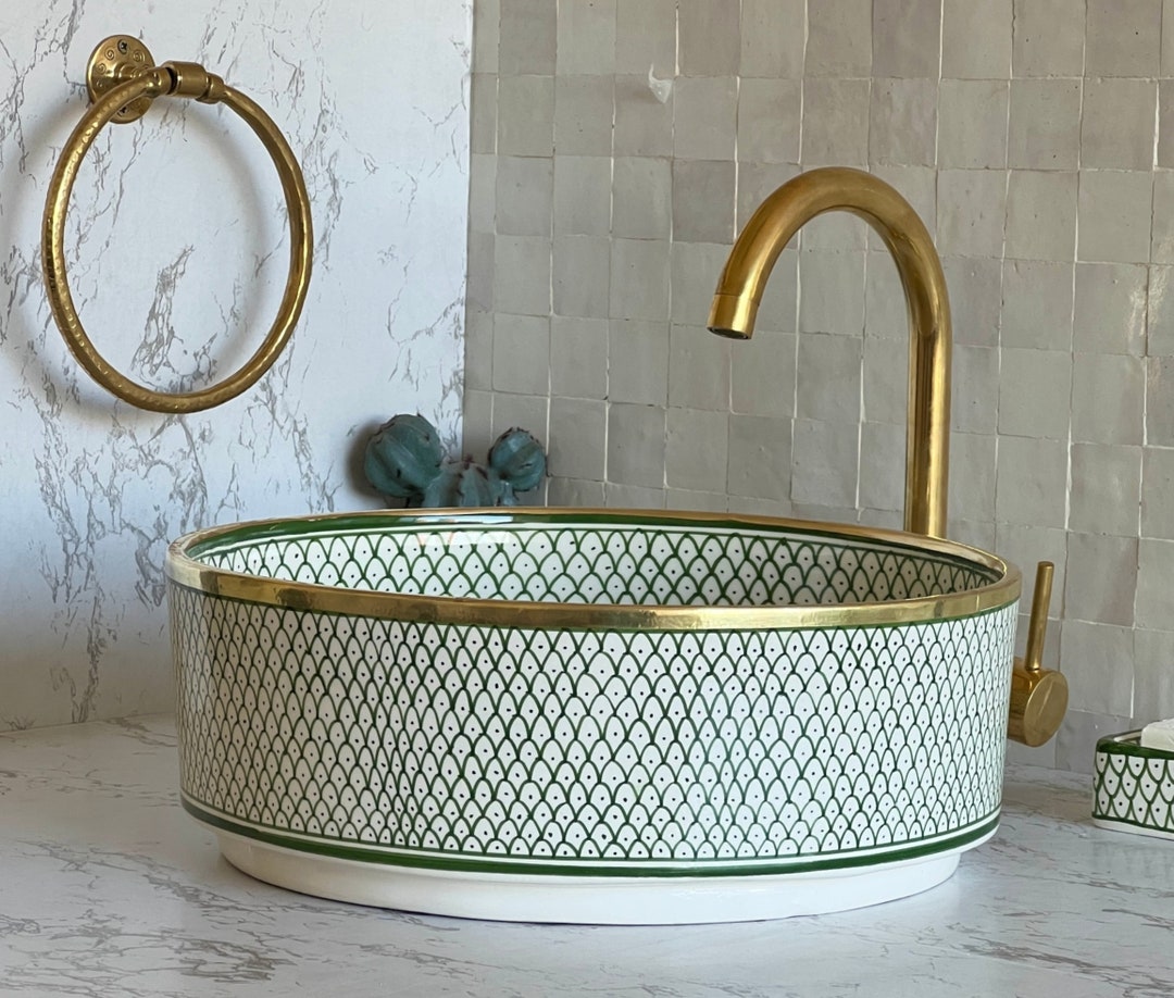 Antique Sink With Brass Rim Edge, Vessel Sink, Sink Bowl, Ceramic Basin ...