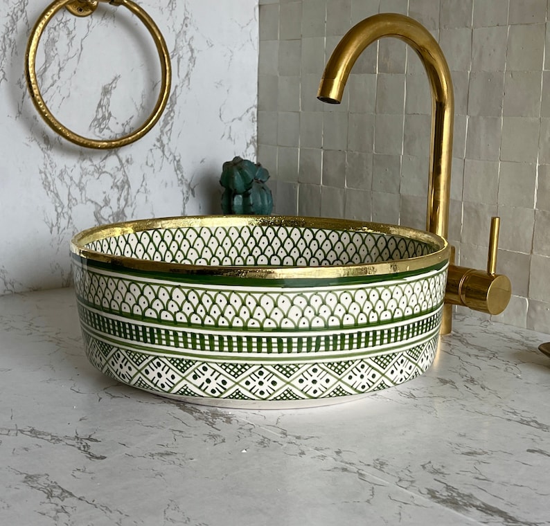 Antique Sink With Brass Rim Edge, Vessel Sink, Sink Bowl, Ceramic Basin ...