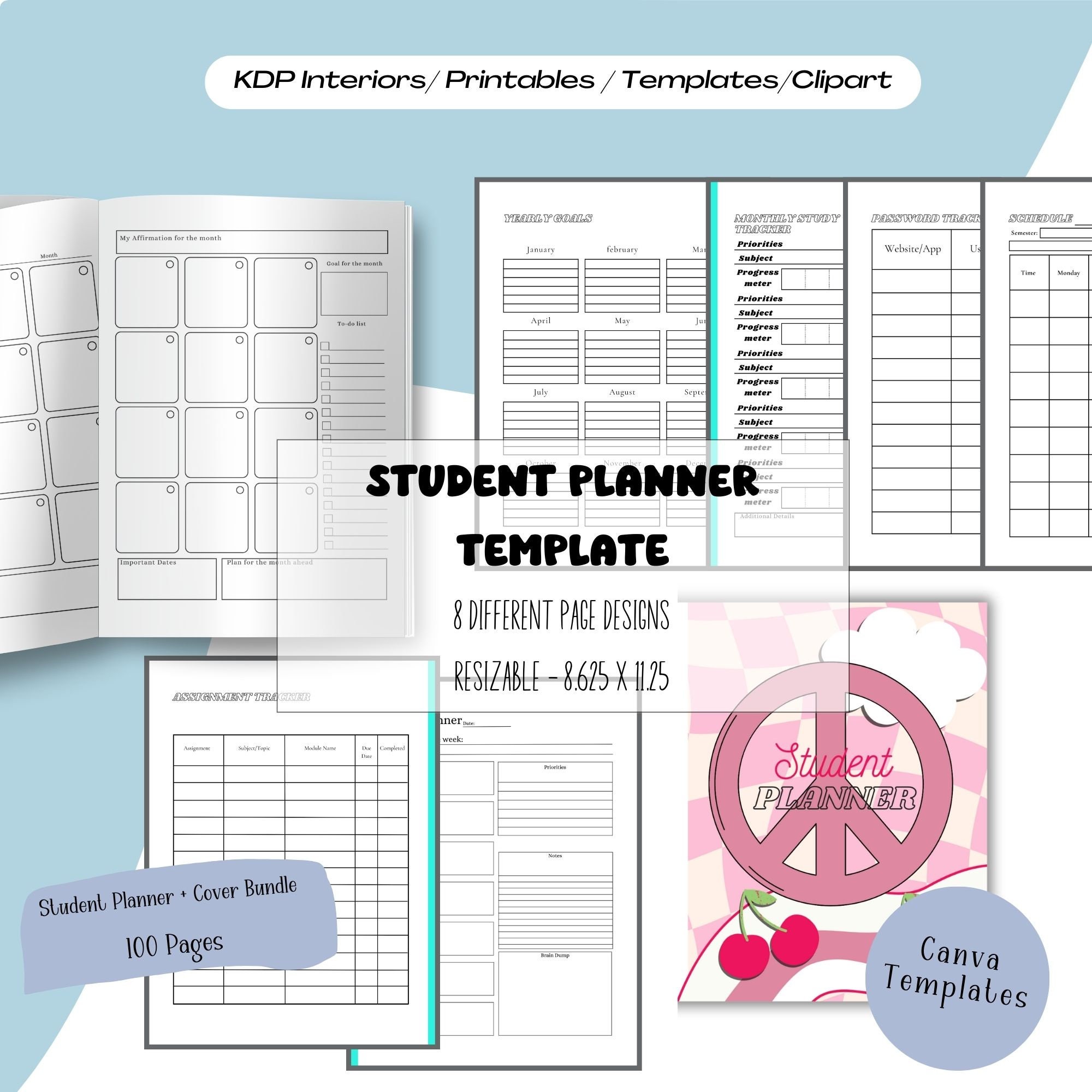 Student Planner, KDP Planner Templates, KDP Interiors, Undated Monthly ...
