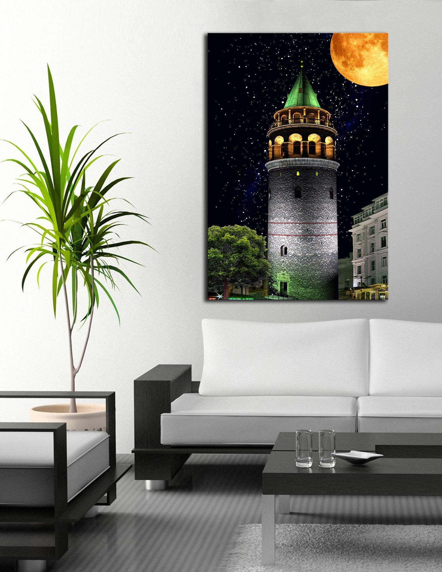 Turkiye İstanbul Galata Tower Night Full Moon Digital Art , Wall Art ...