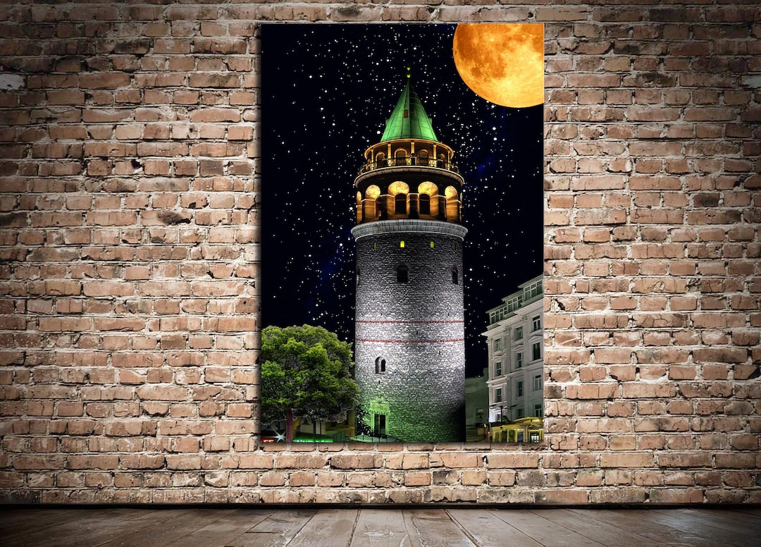 Turkiye İstanbul Galata Tower Night Full Moon Digital Art , Wall Art ...