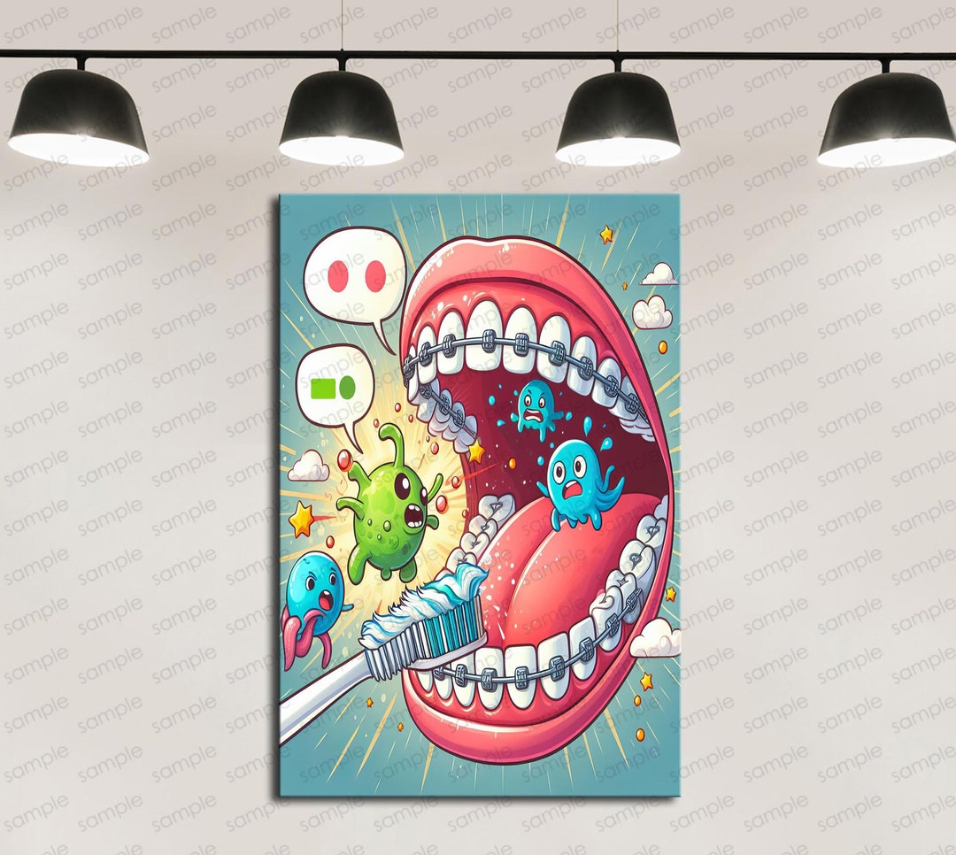 Abstract Comic Dental Baces Molar Tooth Colorful Canvas Wall Art ...