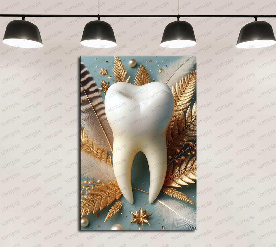 Decorative Leaf and Golden Detailed Dentist Clinic Molar Tooth Canvas ...