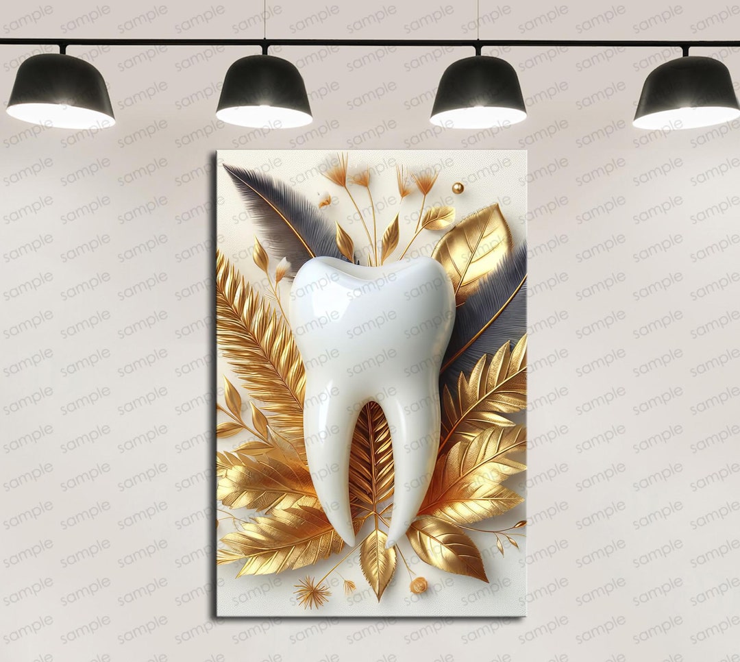Tooth With Golden Feather Canvas Wall Art, Dental Art, Dentist, Molar ...