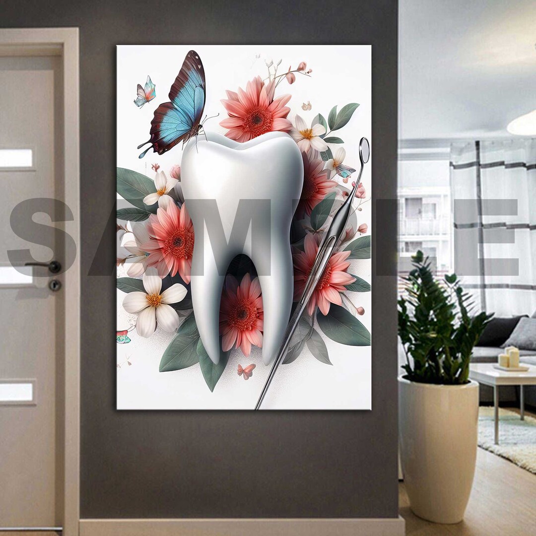 Butterfly Dentist Tool and Colorful Flowers Canvas Wall ART, Tooth With ...