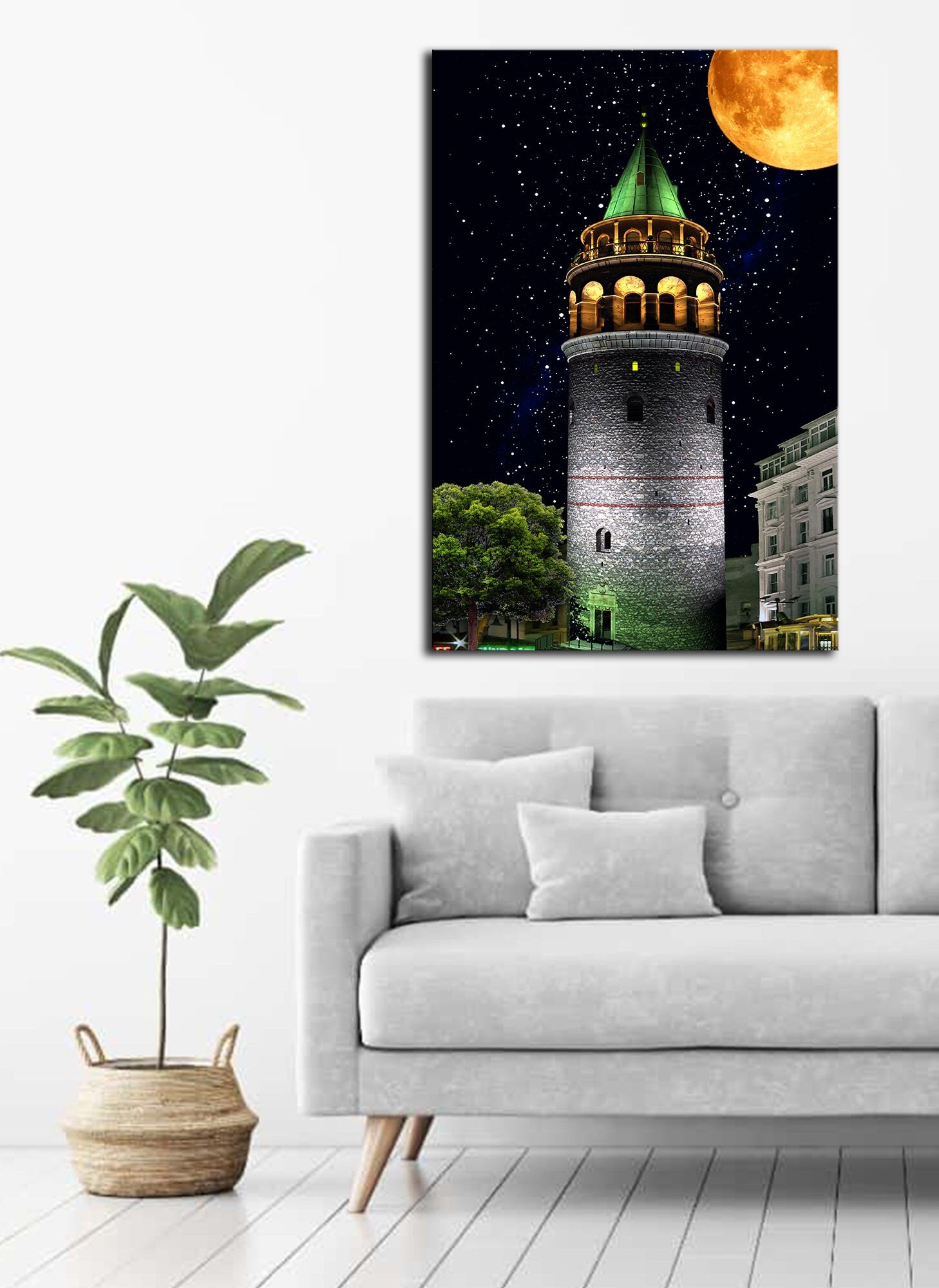 Turkiye İstanbul Galata Tower Night Full Moon Digital Art , Wall Art ...