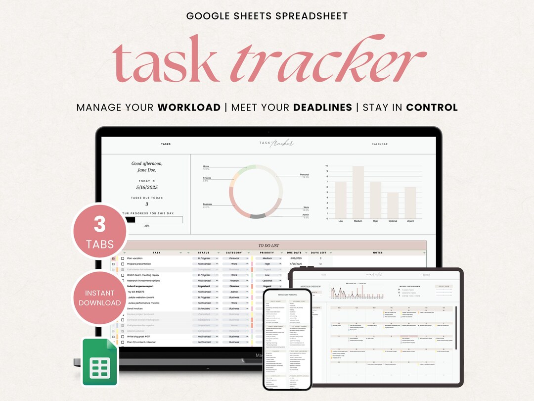 Simple Task Tracker Google Spreadsheet Template | Work Tasks With ...