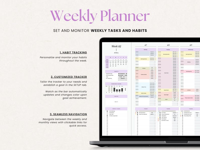 Daily Weekly Monthly Spreadsheet Planner, Google Sheets Digital Planner ...