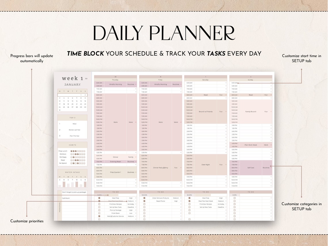 Daily Schedule Google Sheets Spreadsheet Planner to Do - Etsy