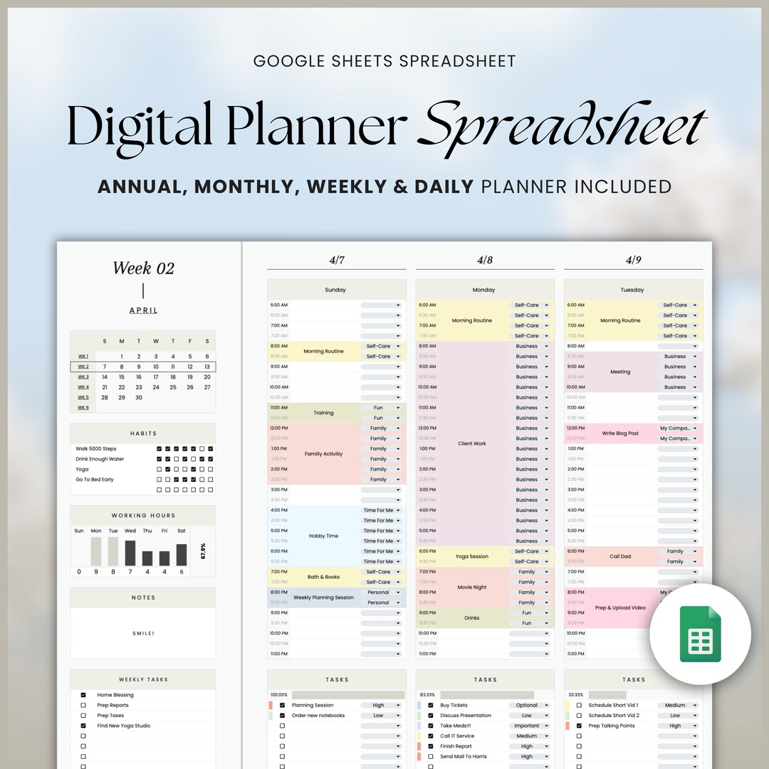 Daily Weekly Monthly Spreadsheet Planner, Google Sheets Digital Planner ...