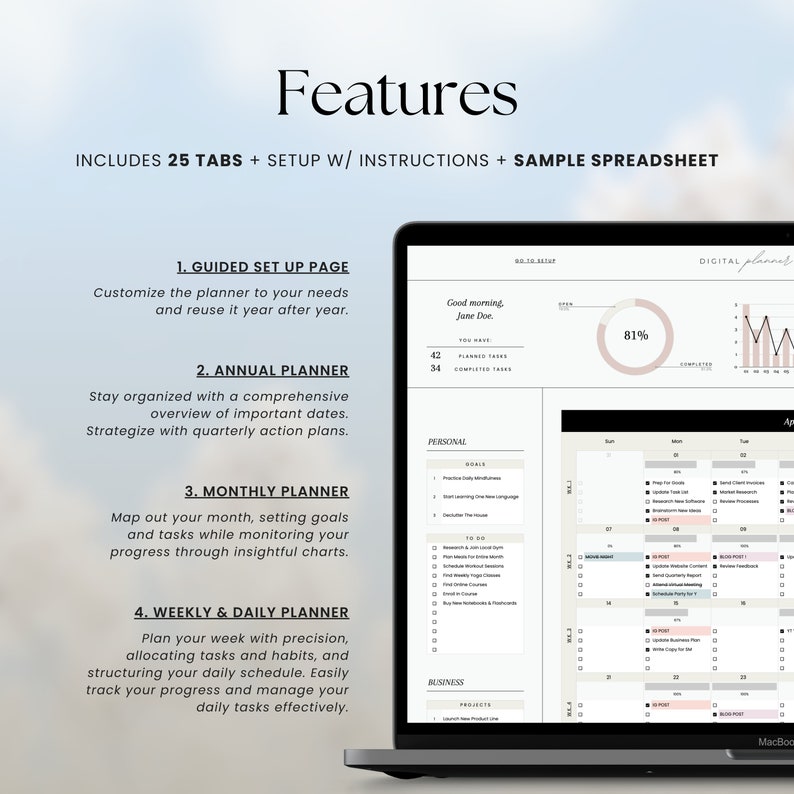 Daily Weekly Monthly Spreadsheet Planner, Google Sheets Digital Planner ...