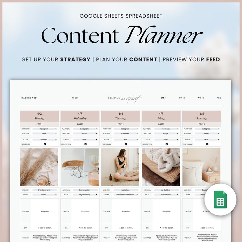 Content Planner Spreadsheet, Google Sheets Template, Social Media ...