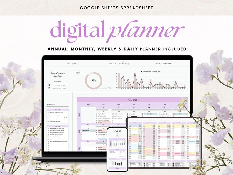 Daily Weekly Monthly Spreadsheet Planner, Google Sheets Digital Planner ...