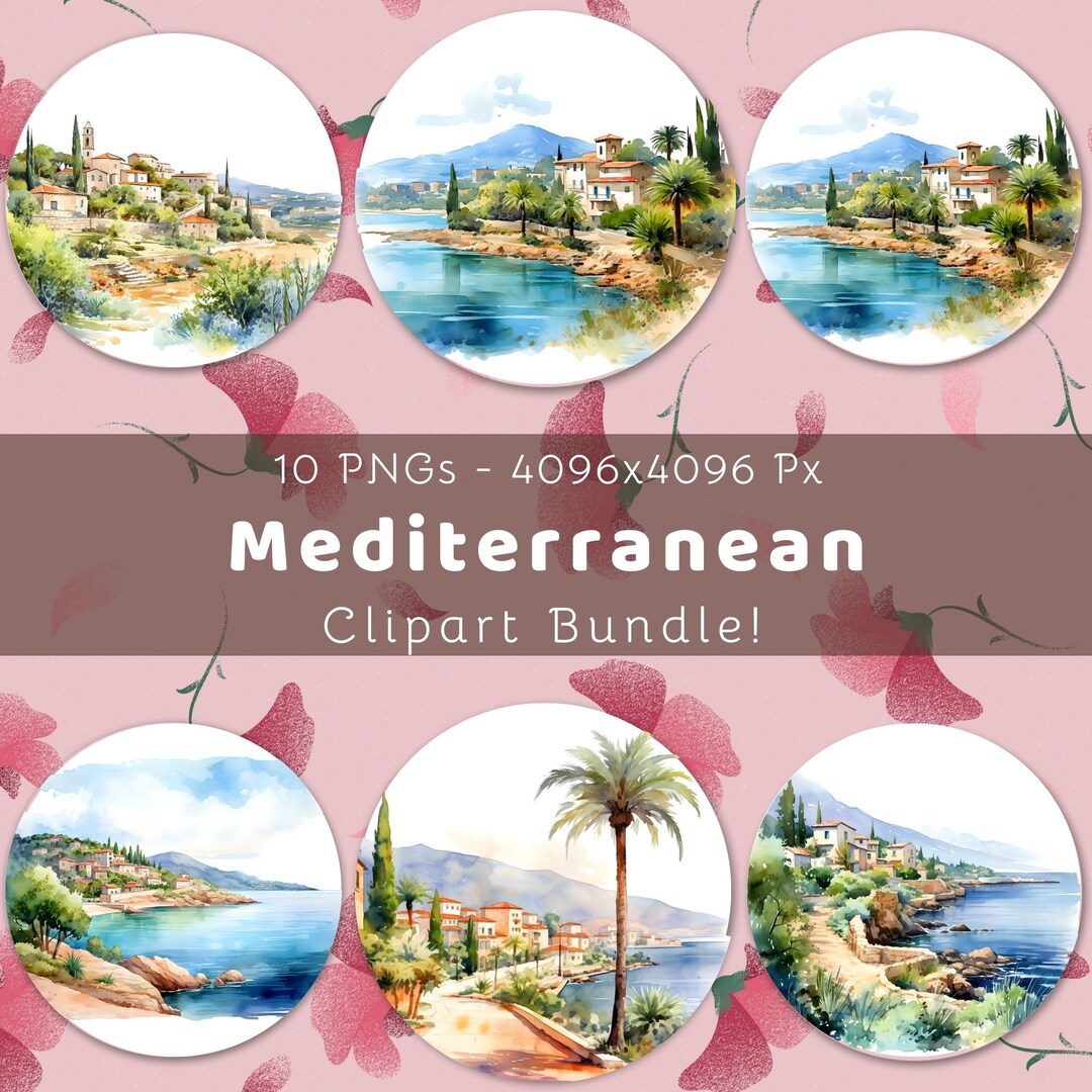 Beautiful Mediterranean Landscape Watercolor Bundle, Mediterranean ...