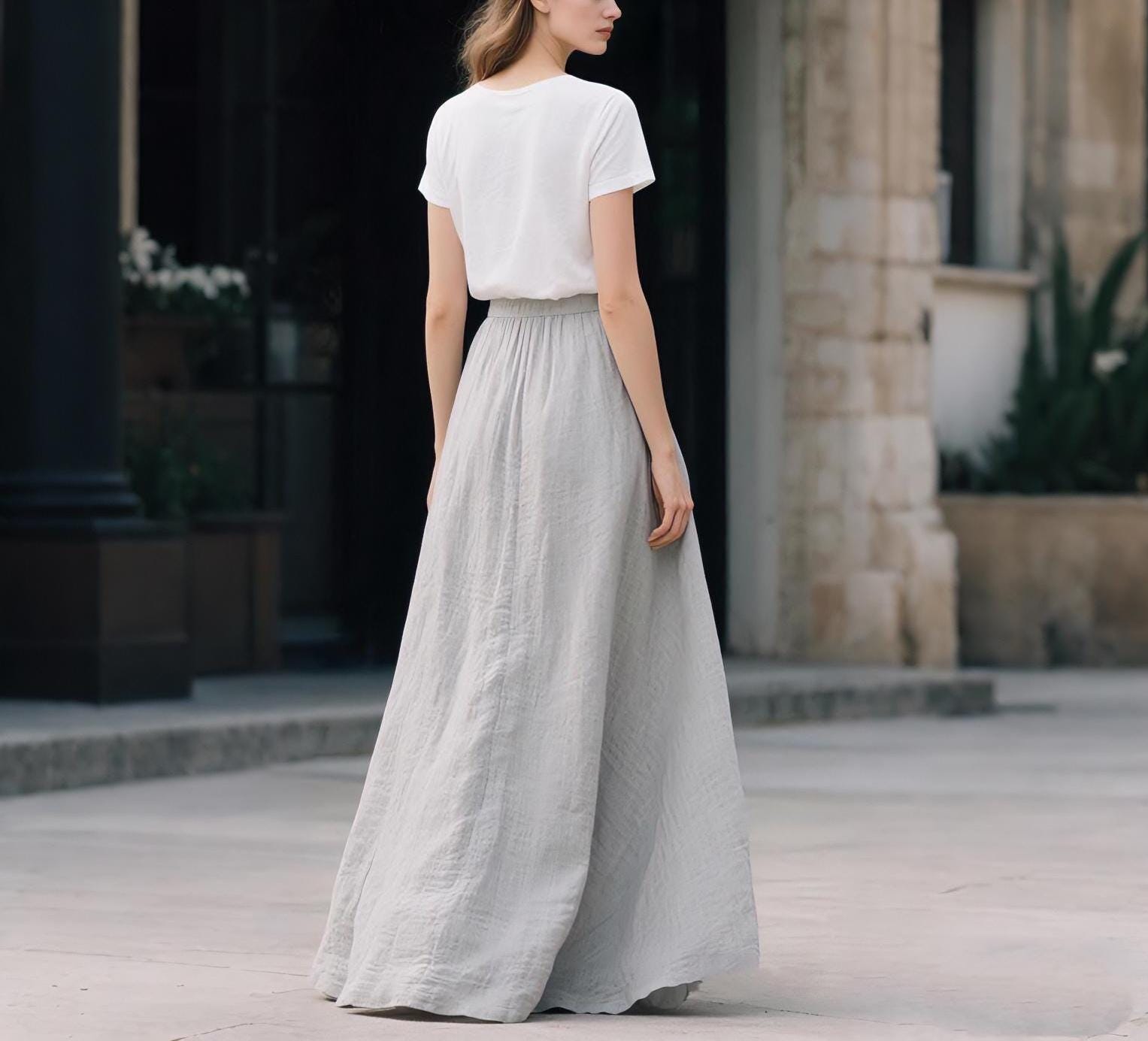 Linen Maxi Skirt With Pockets Floor-length Flowy Skirt With Elastic ...