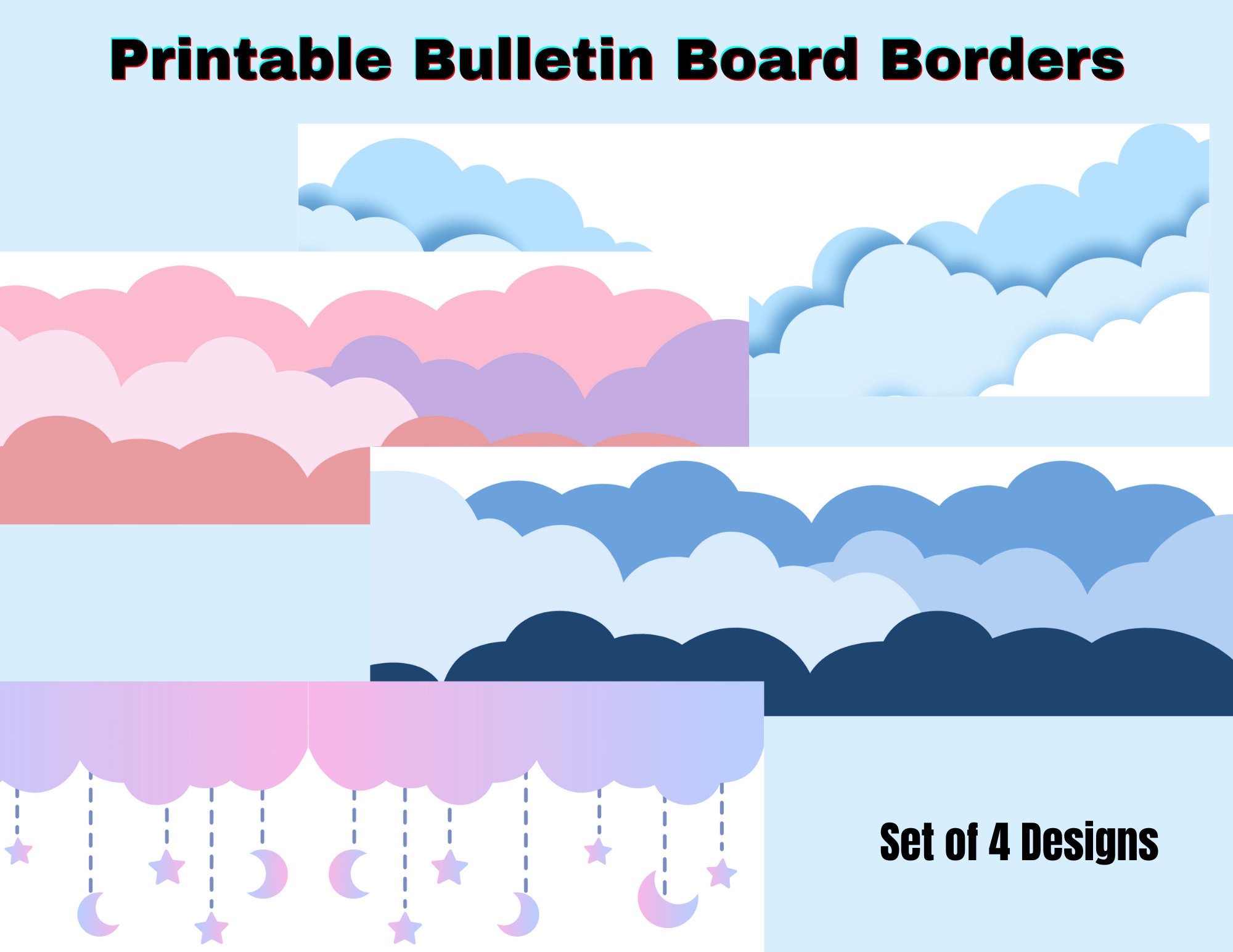 Printable Art Bulletin Board Borders, Colorful Clouds Classroom Decor ...