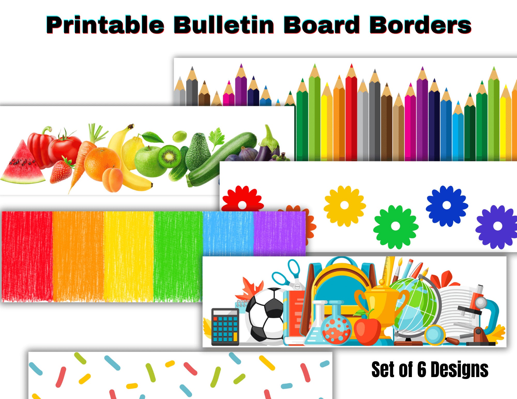 Printable Art Bulletin Board Borders, Colorful Rainbow Classroom Decor ...