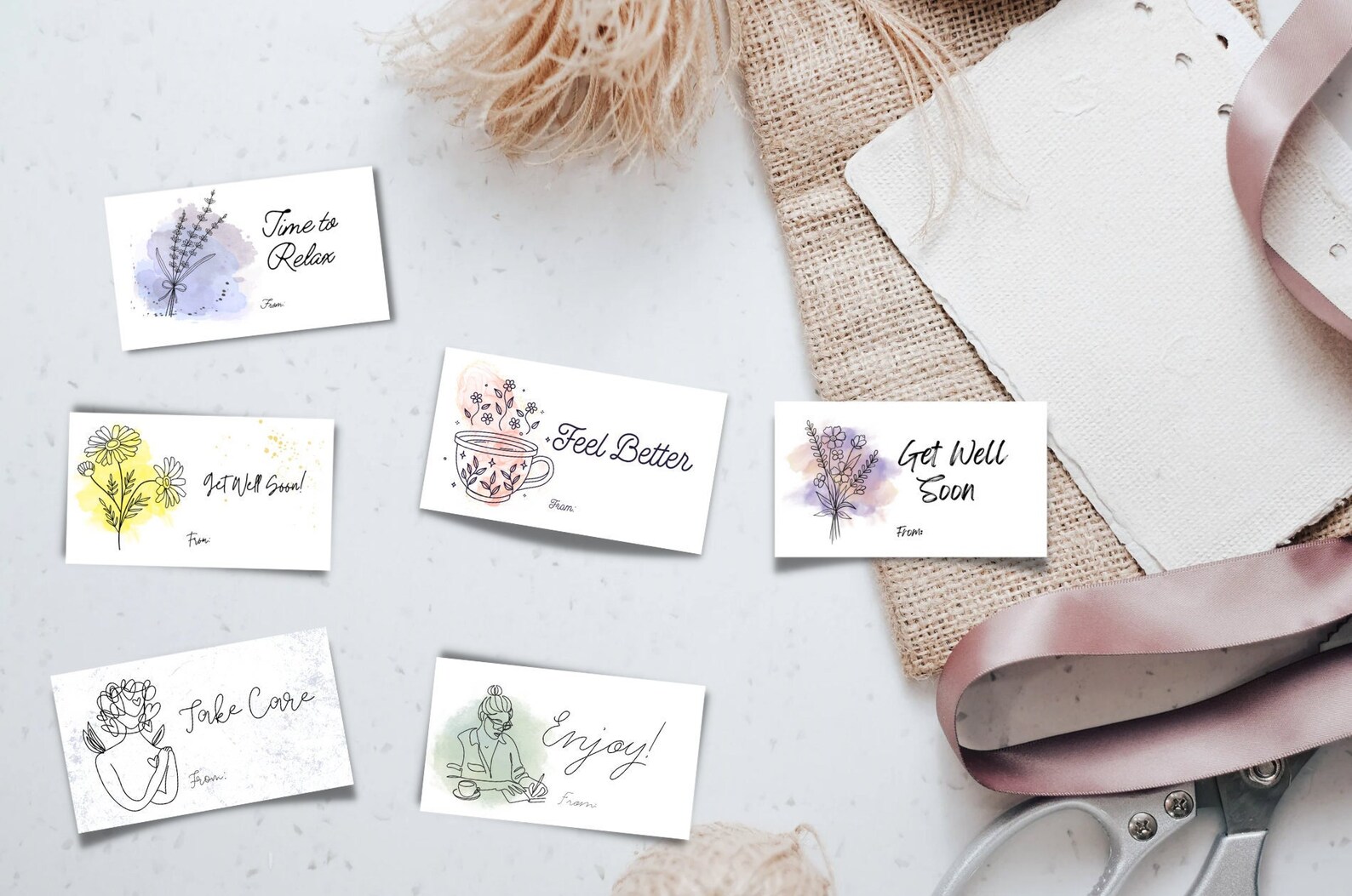 Get Well Soon Self Care Printable Gift Tags Set, Minimalist Lineart ...