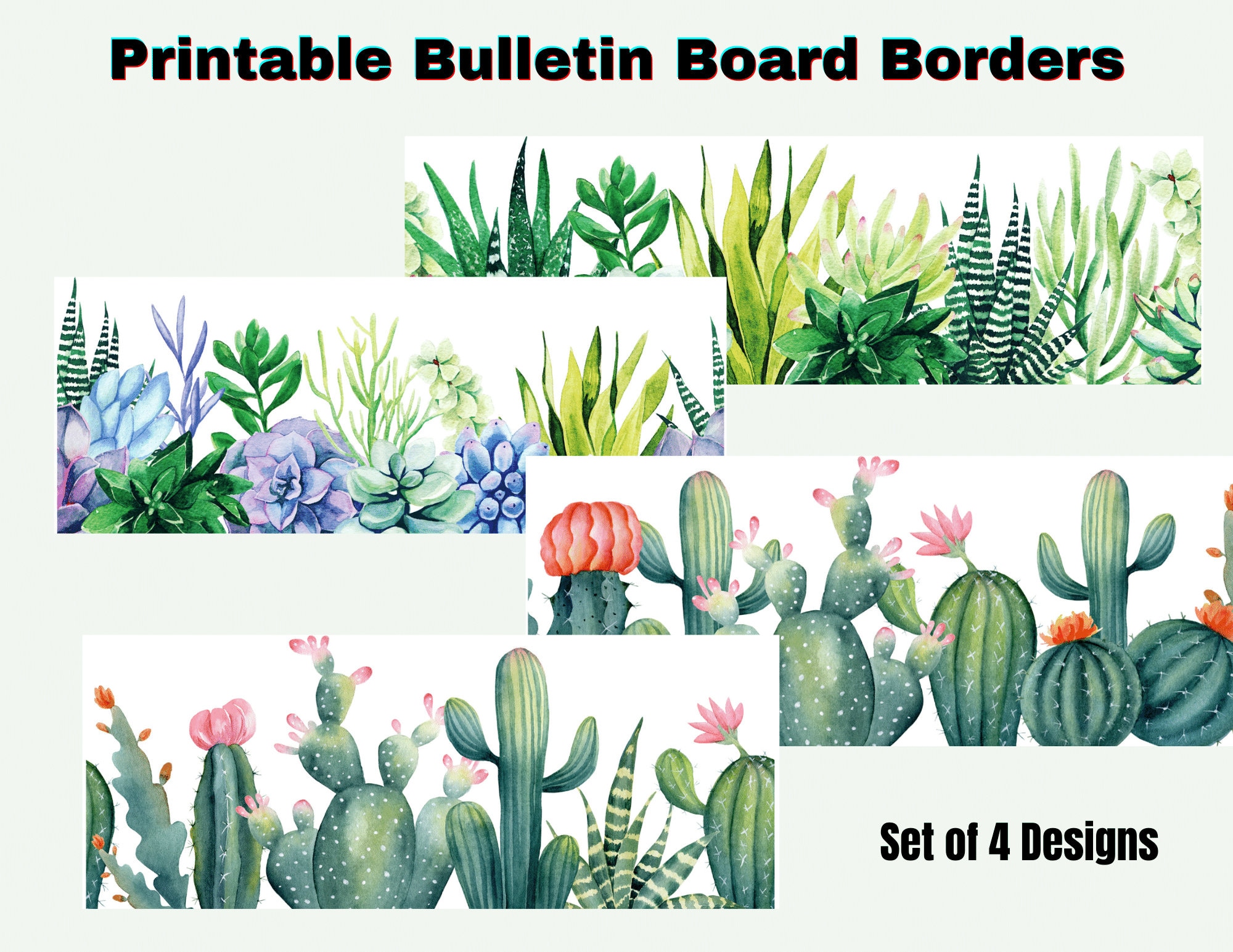 Printable Art Bulletin Board Borders, Succulents Cacti Classroom Decor ...