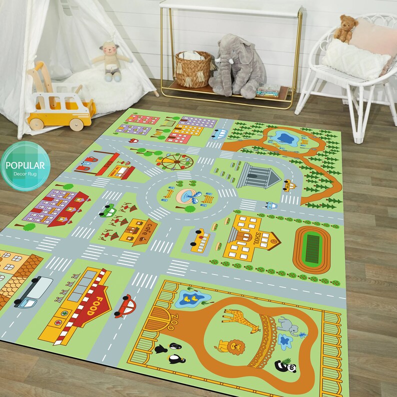 Kids City Traffic Rug, Gray Road Map Playing Carpet Roadmap Rugs for ...