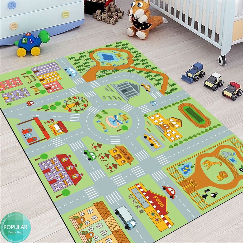 Kids City Traffic Rug, Gray Road Map Playing Carpet Roadmap Rugs for ...