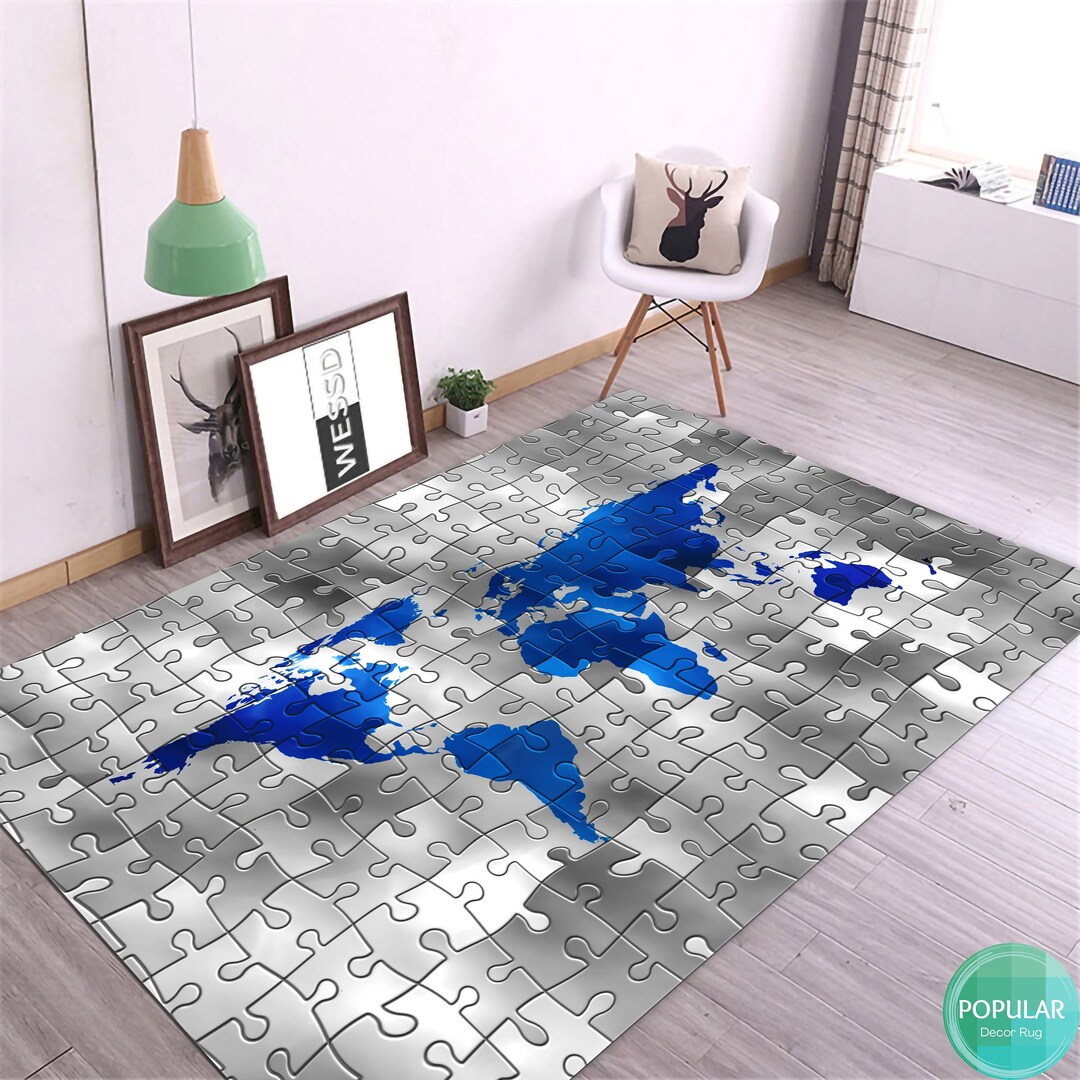 World, Puzzle Rug, Map Area Rug, Vintage Rug, Modern Rugs, Livingroom ...