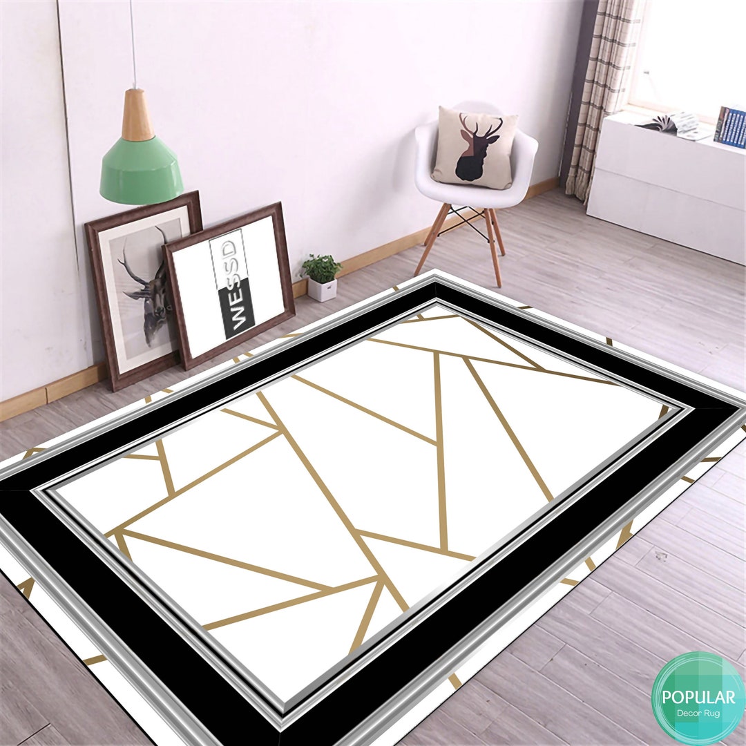 White Marbling With Gold Veins Area Rug, Marble Area Rug, Matte Gold ...