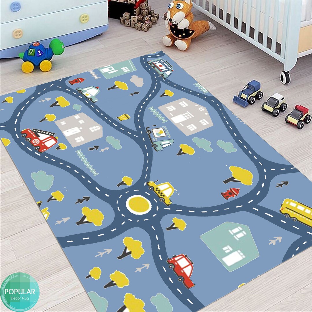 Kids City Traffic Rug, Gray Road Map Playing Carpet Roadmap Rugs for ...