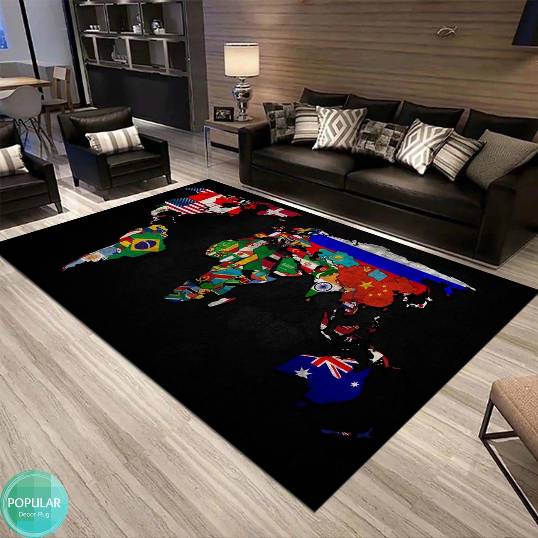 Black Map Rug, Chart Carpet, Plan Mat, World Map Runner, Kids Room Art ...