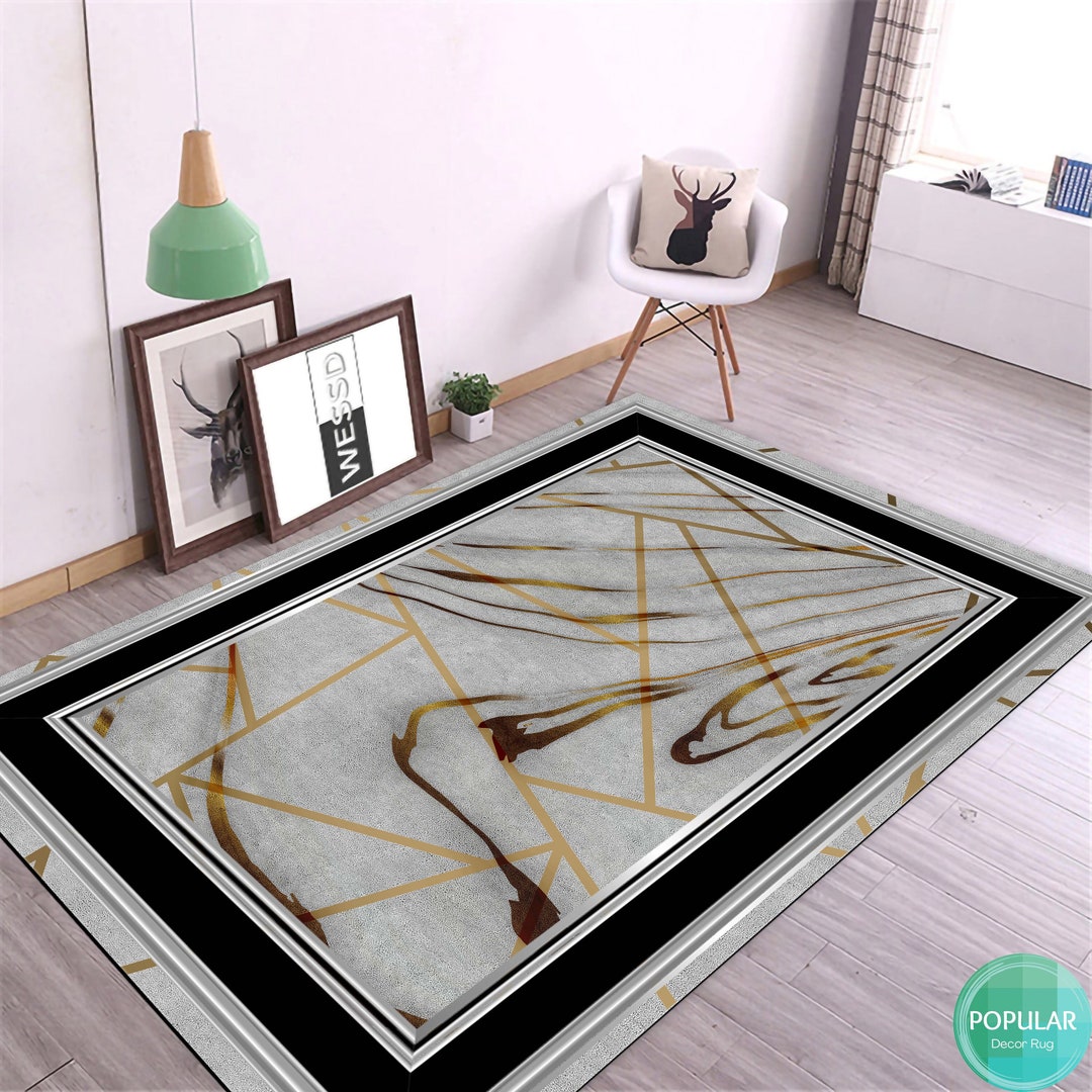 Marbling With Gold Veins Area Rug, Marble Area Rug, Matte Gold Floor ...