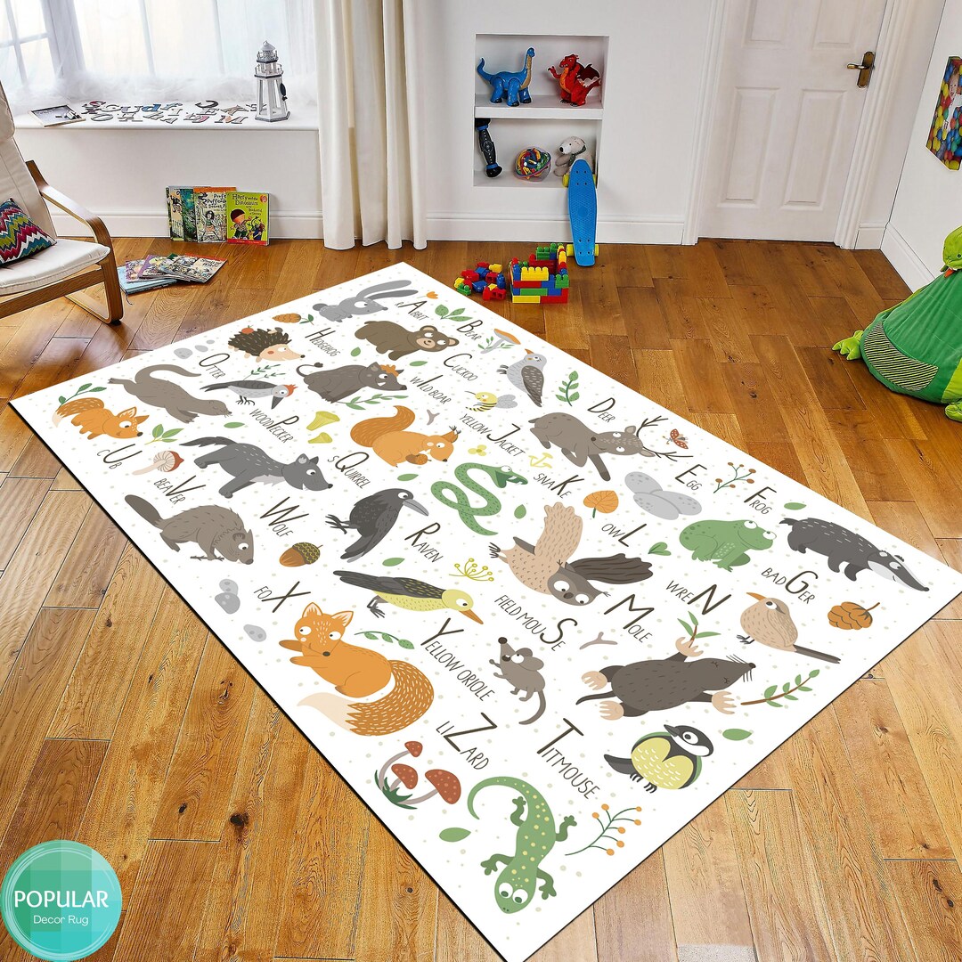 Alphabet Tutorial Rug, Vibrant Cute Animals Alphabet Printed Kids Room ...
