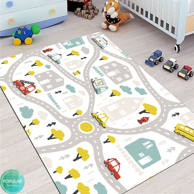 Kids City Traffic Rug, Gray Road Map Playing Carpet Roadmap Rugs for ...