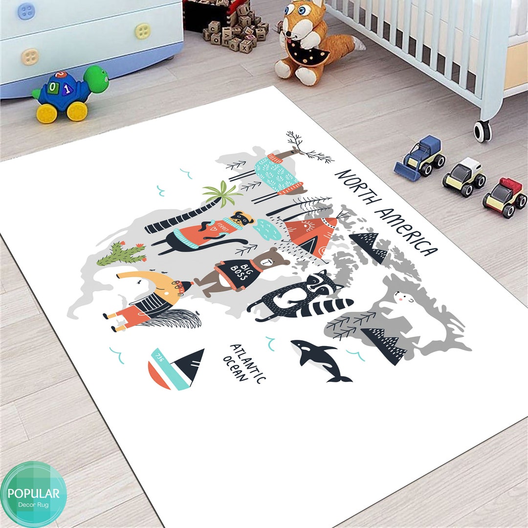 North America Map Rug, Animals and Map Rug, Area Rug, Kids Play Rug ...