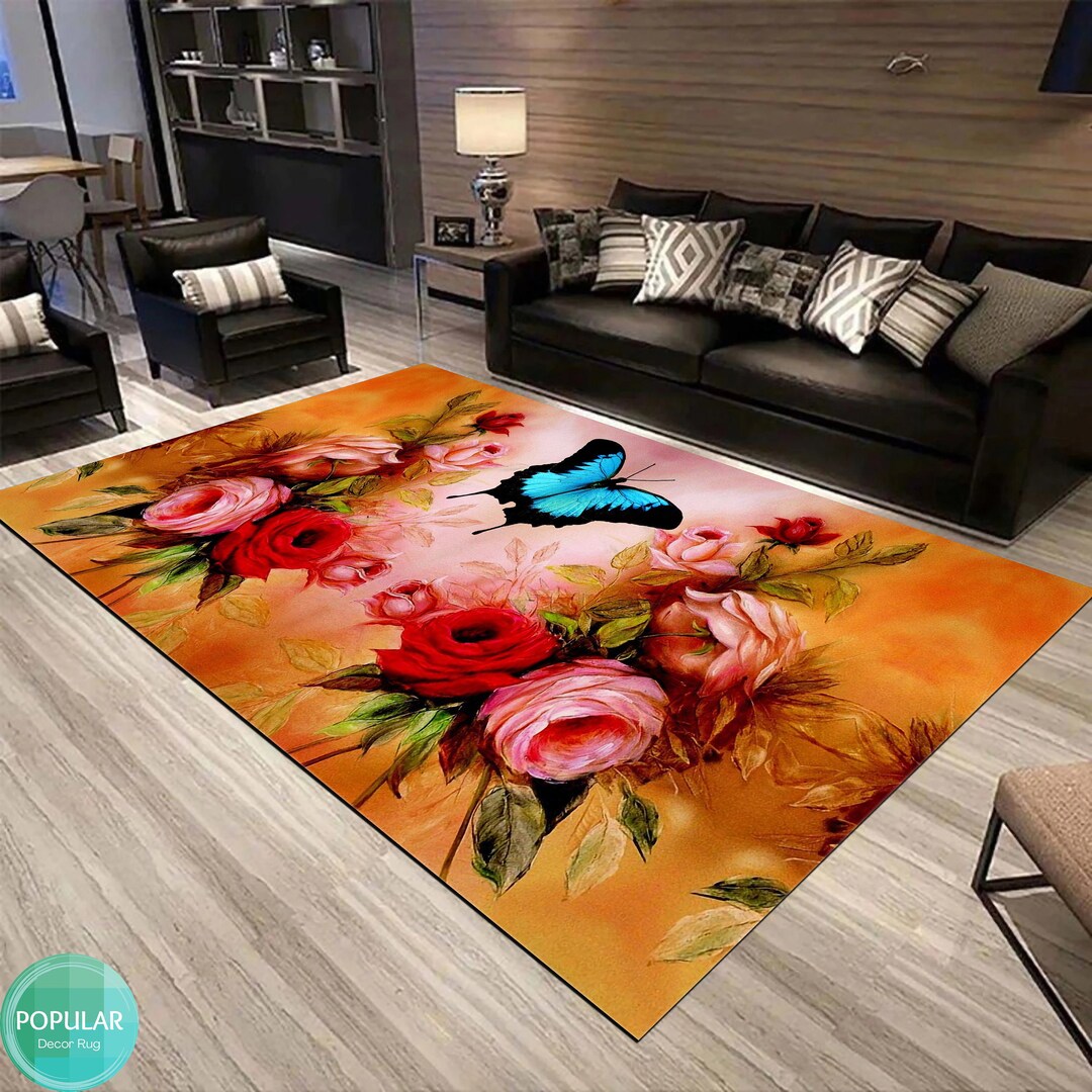 Colorful Floral Mat, Blue Butterfly, Flower Rug, Leaf Mat, Blossom ...