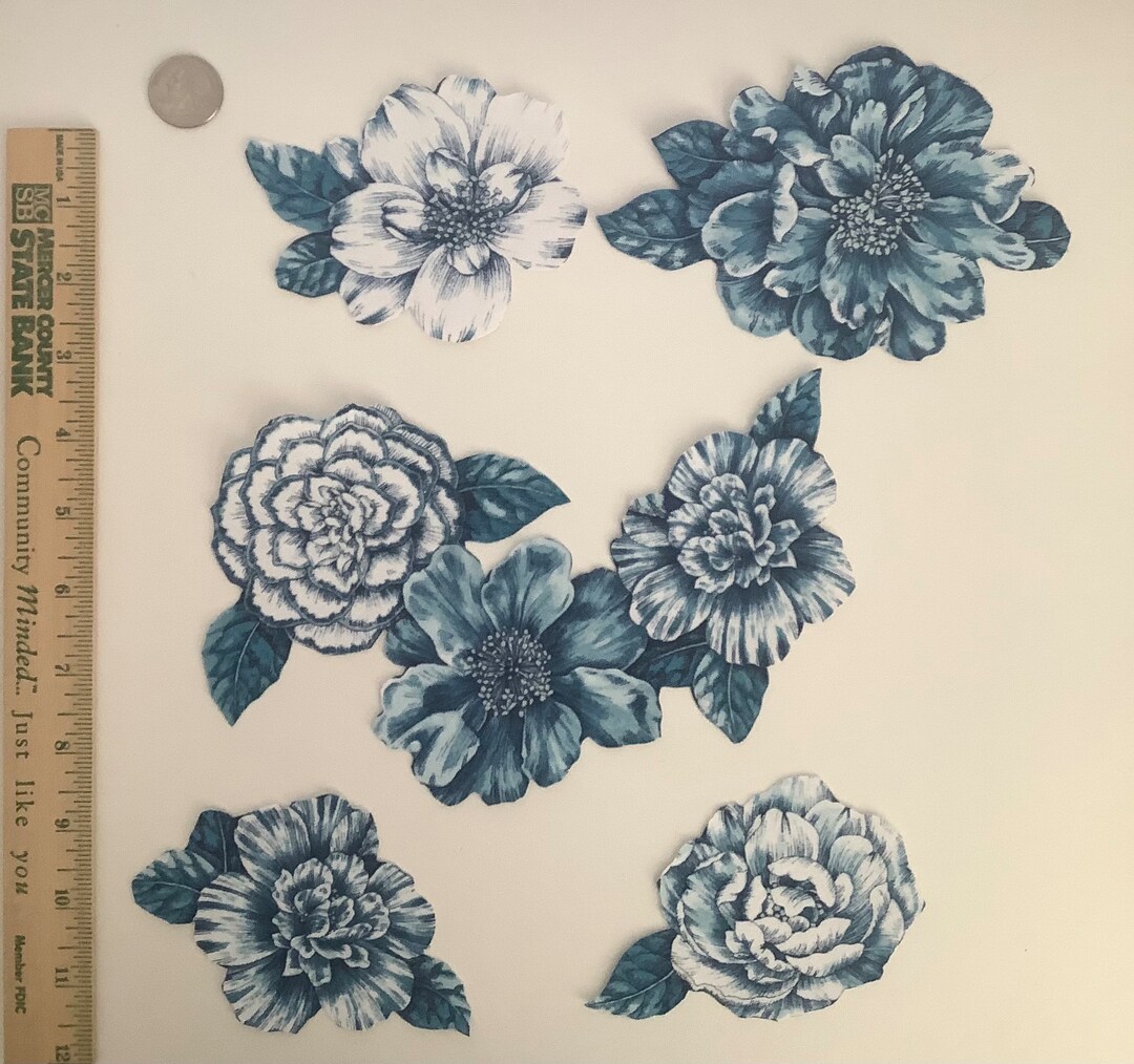 Striking Blue Flowers Floral Fabric Appliques Iron Ons 2 Magnolia Pearl ...